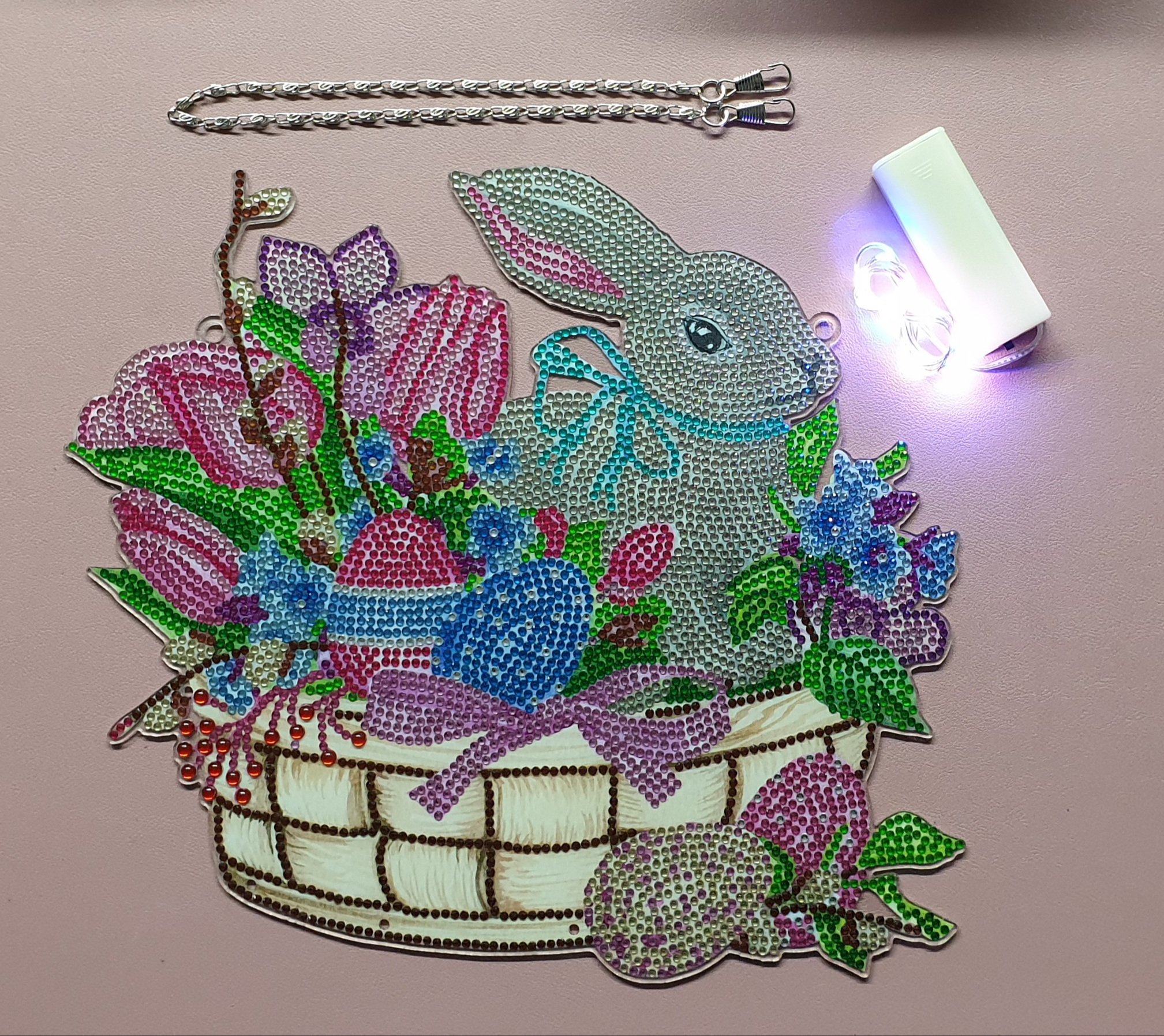 Deko Diamond Painting (fertig) Hase im Korb, inklusive Beleuchtung, zum ...